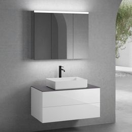 neoro n50 Unterschrank B: 100 cm mit 2 Ausz&uuml;gen, Waschtisch B: 58 cm wei&szlig; matt, mit Spiegelschrank,, BN0065WM+BN0423WH+BN0403GR+BN0474MI,