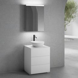 neoro n50 Unterschrank B: 60 cm mit 3 Ausz&uuml;gen, Waschtisch &Oslash; 40 cm wei&szlig; matt, mit Spiegelschrank,, BN0064WM+BN0451WM+BN0401WH+BN0472MI,