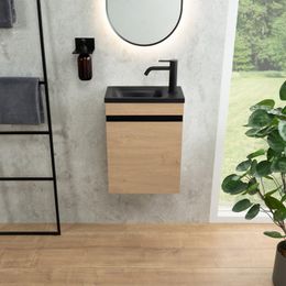 rivea Dia Unterschrank mit Picabo Handwaschbecken schwarz matt, Unterschrank 1 T&uuml;r, Anschlag rechts, steineiche, BR0575SO+BR0576BM,