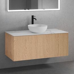 neoro n50 Unterschrank B: 120 cm mit 1 Auszug, mit glatter Eichenfront, Waschtisch &Oslash; 45 cm wei&szlig; matt,, BN0106WM+BN0434BFO+BN0404C1,