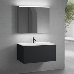 neoro n50 Unterschrank B: 100 cm mit 1 Auszug, Waschtisch mit 1 Hahnloch wei&szlig; matt, mit Spiegelschrank f&uuml;r die Schweiz,, BN0096WM+BN0433BM+BN0487MI,