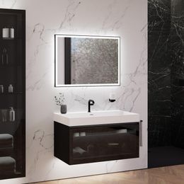 neoro n80 fumo Unterschrank B: 100 cm mit 1 Auszug, mit Parsolglasfront, mit Spiegel, Waschtisch cube, BN0139WM+BN0433SG+BN0016MI,