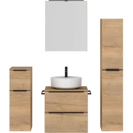 Badmöbel-Set Nobilia "Alvene", braun (eiche sierra nachbildung), B:140cm H:184,2cm T:48,5cm, Kastenmöbel-Sets, inkl. Spiegelschrank mit Beleuchtung und Dimmerfunktion, in 4 Breiten