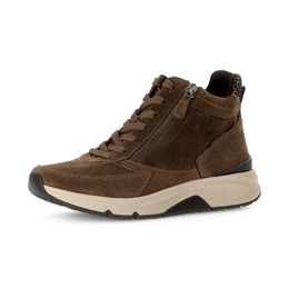 Keilsneaker Gabor Rollingsoft, Damen, Gr. 38, braun (cognac, leo), Glattleder, Veloursleder, unifarben mit Farbeinsatz, Schuhe Sneaker, Freizeitschuh, Schnürschuh, Schnürboots mit herausnehmbarem Fußbett