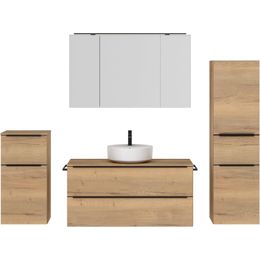 Badmöbel-Set Nobilia "Alvene", braun (eiche sierra nachbildung), B:230cm H:184,2cm T:48,5cm, Kastenmöbel-Sets, inkl. Spiegelschrank mit Beleuchtung und Dimmerfunktion, in 4 Breiten