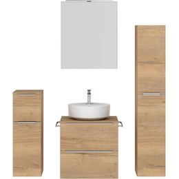 Badmöbel-Set Nobilia "Alvene", braun (eiche sierra nachbildung), B:140cm H:184,2cm T:48,5cm, Kastenmöbel-Sets, inkl. Spiegelschrank mit Beleuchtung und Dimmerfunktion, in 4 Breiten
