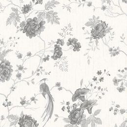 Boutique Vliestapete "Vogel & Blumen", B/L: 0,53mm x 10mm, silber, Tapeten, Wei&szlig;/Silber - 10m x 52cm
