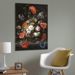 Leinwandbild, B:70cm H:70cm T:3cm, bunt, Art for the home, Leinwand, Wohnzimmer, Bilder, "Rijksmuseum, Albert Mignon", Stillleben Blumen Uhr 100 x 70
