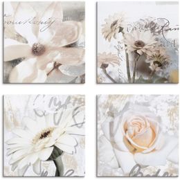 Leinwandbild Artland, B:40cm H:40cm, weiß, Leinwand, MDF, Wohnzimmer, Bilder, "Magnolie Gerberas Rosen in Buchstaben", 4er Set, verschiedene Größen