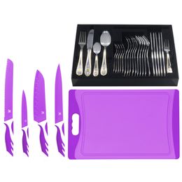 King Besteck-Set "»BAS GOLD«", 36 Stk., lila, Essbesteck-Sets, mit Dekor in Gold-Optik, inkl. Etui, 4 Küchenmesser, 1 Schneidebrett