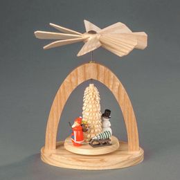 Albin Preissler Weihnachtspyramide "Wärmespiel mit Weihnachtsmann, Schlitten und Ringelbäumchen", 13cm, beige, Weihnachtspyramiden, Handwerkskunst