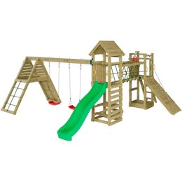 Fungoo Kinder Spielturm "Maxi Funny Carnival", grün, Holz, B:557cm H:257cm T:510cm, Spieltürme, Spielturm mit Rutsche, Schaukeln, Kletterwand und
