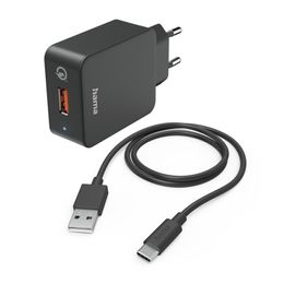 Hama Smartphone-Ladeger&auml;t "Schnellladeger&auml;t mit Ladekabel USB C Qualcomm 19,5 W 1,5m Schwarz", B:9cm H:3,5cm T:19,5cm, schwarz, Ladeger&auml;te