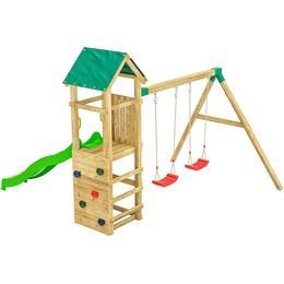 Fungoo Kinder Spielturm "Charly, mit Rutsche, Schaukel, Kletterwand und wetterfestem Dach", beige, Holz, B:322cm H:257cm T:373cm, Spieltürme, Made in