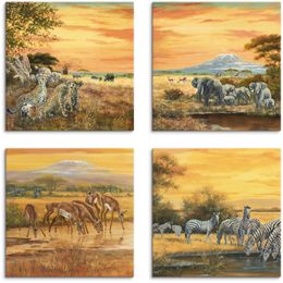 Leinwandbild Artland, B:40cm H:40cm, braun, Leinwand, MDF, Wohnzimmer, Bilder, "Geparden Elefanten Zebras in der Steppe", 4er Set, verschiedene Gr&ouml;&szlig;en