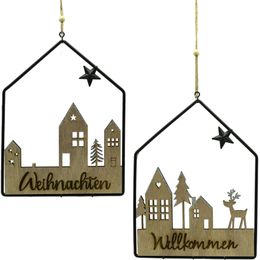 NOOR LIVING Weihnachtsfigur "Deko-Schild aus Holz und Metall, mit Aufschrift Willkommen/Weihnachten", B/H/T: 18cm x 24cm, schwarz, Dekofiguren,