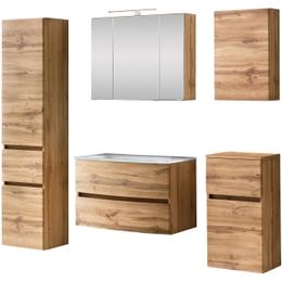 Badezimmer-Set Welltime, B:160cm H:200cm T:49cm, braun, Kastenm&ouml;bel-Sets, "Kaunas", bestehend aus Waschtisch-Set mit Seitenschrank, Breite 160 cm