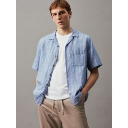 Calvin Klein Herren Kurzarmhemd "LINEN COTTON STRIPE S/S SHIRT", blau, Gr. XL, gestreift, Web, Obermaterial: 60% Leinen, 40% Baumwolle, Hemden