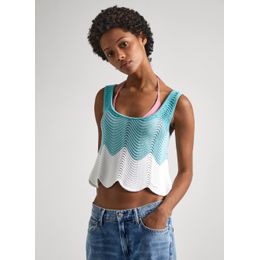 Pepe Jeans Damen Stricktop "GALEA", blau, Gr. M, colorblocking, Strick, Obermaterial: 100% Baumwolle, Tops, mit Wellensaum