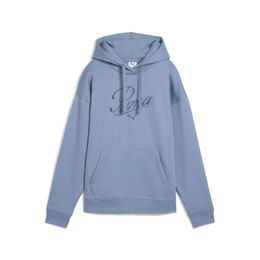 Kapuzensweatshirt Puma "ESS SCRIPT COMFORT HOODIE FL", Damen, Gr. L, cool blau, Fleece, Obermaterial: 68% Baumwolle, 32% Polyester, bedruckt, comfort fit normal, Rundhals, Sweatshirts
