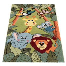 Kinderteppich Paco Home, B:160cm H:18mm L:230cm, gr&uuml;n, Polypropylen (PP), Teppiche, "Diamond 638", 3D-Design, Motiv Dschungel Tiere, Kinderzimmer,