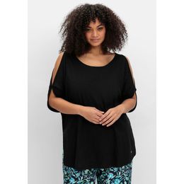 Longshirt sheego "Longshirt", Damen, Gr. 44/46, schwarz, 50% Baumwolle, 50% Viskose, unifarben, Rundhals, Shirts Longshirt