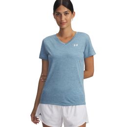 Trainingsshirt Under Armour "TECH SSV- TWIST", Damen, Gr. S, weiß (blau calm,, weiß), Obermaterial: 100% Polyester, normal, V-Ausschnitt, Shirts