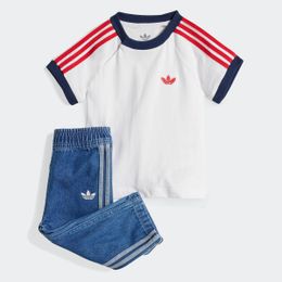 Trainingsanzug adidas originals "DENIM TEE SET", Mädchen, Gr. 98, weiß (medium blau denim, weiß), Obermaterial: 100% Baumwolle, Sportanzüge Trainingsanzug