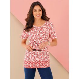 Longshirt Classic Basics "Longshirt", Damen, Gr. 42, wei&szlig; (rot, wei&szlig;, bedruckt), 100% Baumwolle, gebl&uuml;mt, gemustert, Rundhals, Shirts Longshirt