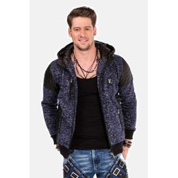 Cipo & Baxx Strickjacke CIPO & BAXX "Strickjacke", Herren, Gr. M, blau (dunkelblau), 100% Polyester, tarnfarben, Basic, regular fit, Rippstrickbündchen, Strickjacken Strickjacke, mit Leder Highlights, CL-310
