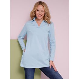 Langarmshirt Classic Basics "Longshirt", Damen, Gr. 44, blau (eisblau), 100% Baumwolle, unifarben, V-Ausschnitt, Shirts Langarmshirt