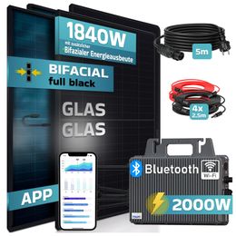 SUNNIVA&reg; 1840W Balkonkraftwerk BIFAZIAL FULLBLACK komplett Steckdose TSUN 2000W Wechselrichter, PV Solaranlage, 4x 460W Glas-Glas Solarmodule, inkl. 5m Kabel, Bluetooth WIFI, Komplettset