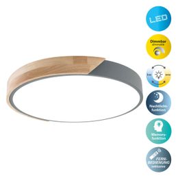 Näve NÄVE LED Deckenleuchte "Borneo", grau, 1, Ø 52cm H: 5,5cm, 1 Stk., Leuchten, Dimmbar per Fernbedienung (inkl.), CCT, Memory, Nachtlicht, Holzrand, LED Deckenleuchte