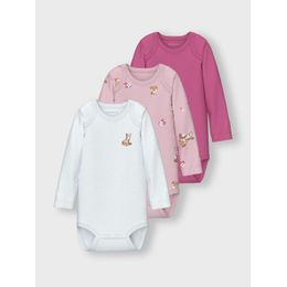 Langarmbody name it "NBFBODY 3P LS IBIS ROSE DEER NOOS", Jungen, Gr. 62, N-Gr, rosa (ibis rose), Sweatware, Obermaterial: 100% Baumwolle, bedruckt, unifarben, regular fit, amerikanischer Ausschnitt, Bodys