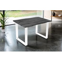 Esstisch 120x80 cm Baumkante Holz Grau-Optik U-Gestell Metall wei&szlig; JOSY