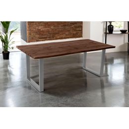 Esstisch 200x100 cm Baumkante Holz Nussbaum-Optik U-Gestell Metall silber JOSY