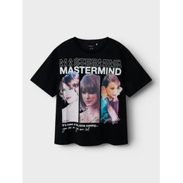 T-Shirt name it "NKFFIDAH TSWIFT SS NREG TOP SKY", Mädchen, Gr. 134 (140), schwarz, Jersey, Obermaterial: 95% Baumwolle, 5% Elasthan, bedruckt, normal, Rundhals, Shirts, CELEBRITY ICONS mit Taylor Swift Druck