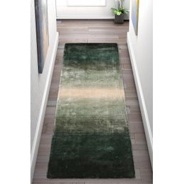 Läufer Home Affaire "Katalin, handgewebt, Teppiche aus 100% Viskose, farblich changierend" Gr. 13, grün (dunkelgrün), B:90cm H:12mm L:250cm, Viskose, Teppiche, Läufer, Kurzflor, Seiden-Optik, mehrfarbig, Läufer, Brücke, Flur, Esszimmer