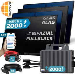 SUNNIVA&reg; 2000W Balkonkraftwerk BIFAZIAL FULLBLACK komplett Steckdose TSUN 2000 Watt Wechselrichter, Solaranlage Komplettset, 4x 500W N-Type Glas Bifacial Solarmodule, 5m Kabel, 4x 2.5m Solarkabel
