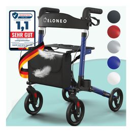 ELONEO Rollator faltbar und leicht mit Sitz, Leichtgewicht-Reiserollator aus Aluminium, Gehhilfe 8-fach h&ouml;henverstellbar, Laufhilfe 3-fach faltbar f&uuml;r Kofferraum, Tasche & Schirmhalter Blau