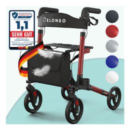 ELONEO Rollator faltbar und leicht mit Sitz, Leichtgewicht-Reiserollator aus Aluminium, Gehhilfe 8-fach h&ouml;henverstellbar, Laufhilfe 3-fach faltbar f&uuml;r Kofferraum, Tasche & Schirmhalter Rot