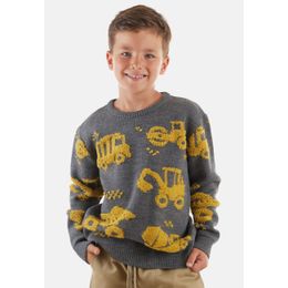 DENOKIDS Jungen Rundhalspullover "Construction Tools", schwarz, Gr. 128, bedruckt, Feinstrick, 100% Polyacryl, Pullover, mit Baufahrzeug-Muster