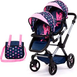 BAYER Kinder Puppen-Zwillingsbuggy "Xeo Twin blau/pink", blau, Kunststoff, Metall, Stoff, B:35cm H:76,5cm T:80cm, Puppenwagen, mit Wickeltasche