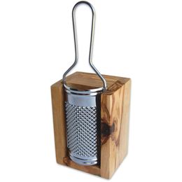 K&auml;sereibe "f&uuml;r Hartk&auml;se, aus Edelstahl mit Olivenholzbox", B:9cm L:26cm T:8cm, beige, OLIVENHOLZ-ERLEBEN, K&uuml;chenreiben, Metallreibe aus Edelstahl,
