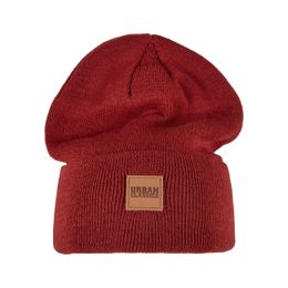 Beanie Urban Classics "Urban Classics Unisex Synthetic Leatherpatch Long Beanie", Damen, Gr. onesize, burgundy, Kunstfaser, M&uuml;tzen Beanie