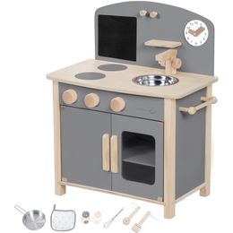 Roba Kinder Spielküche "Spielküche, grau/natur", beige, Holz, MDF, B:52cm H:63cm T:30cm, Spielküchen, mit Kreidetafel, Pfanne und Küchezubehör