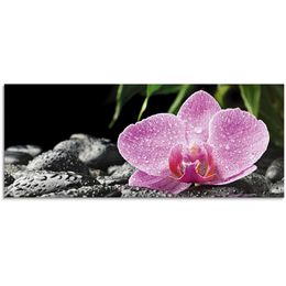Glasbild Artland, B:125cm H:50cm, pink, Glas, K&uuml;che, Bilder, "Rosa Orchidee auf schwarzen Zen Steinen", in verschiedenen Gr&ouml;&szlig;en