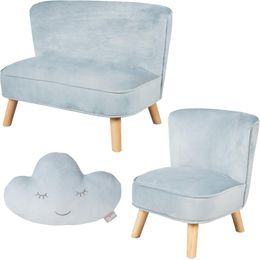 Roba Kinder Kindersitzgruppe "Lil Sofa", Samt, blau, Sitzmöbel-Sets, bestehend aus Kindersofa, Kindersessel und Dekokissen in Wolkenform