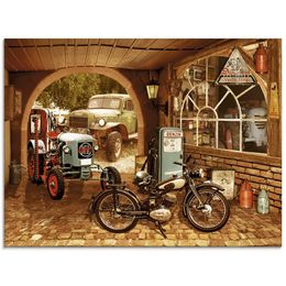 Glasbild Artland, B:80cm H:60cm, braun, Glas, Wohnzimmer, Bilder, "Werkstatt mit Traktor und Motorrad", in verschiedenen Gr&ouml;&szlig;en