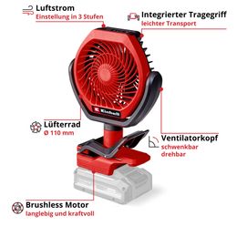Einhell Akku-Ventilator "GC-CF 18/110 Li-Solo", B:17,4cm H:24,9cm T:7,8cm, rot, Ventilatoren, ohne Akku und Ladeger&auml;t